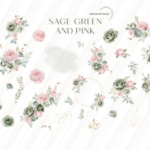 Watercolor Sage Green & Pink Flowers Bouquets Birthday Clipart, Sage ...