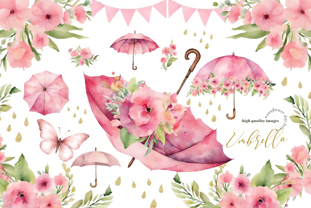 Rainy Boots Pink Umbrella Clipart, Pink Flowers Rain Boots Watercolor ...