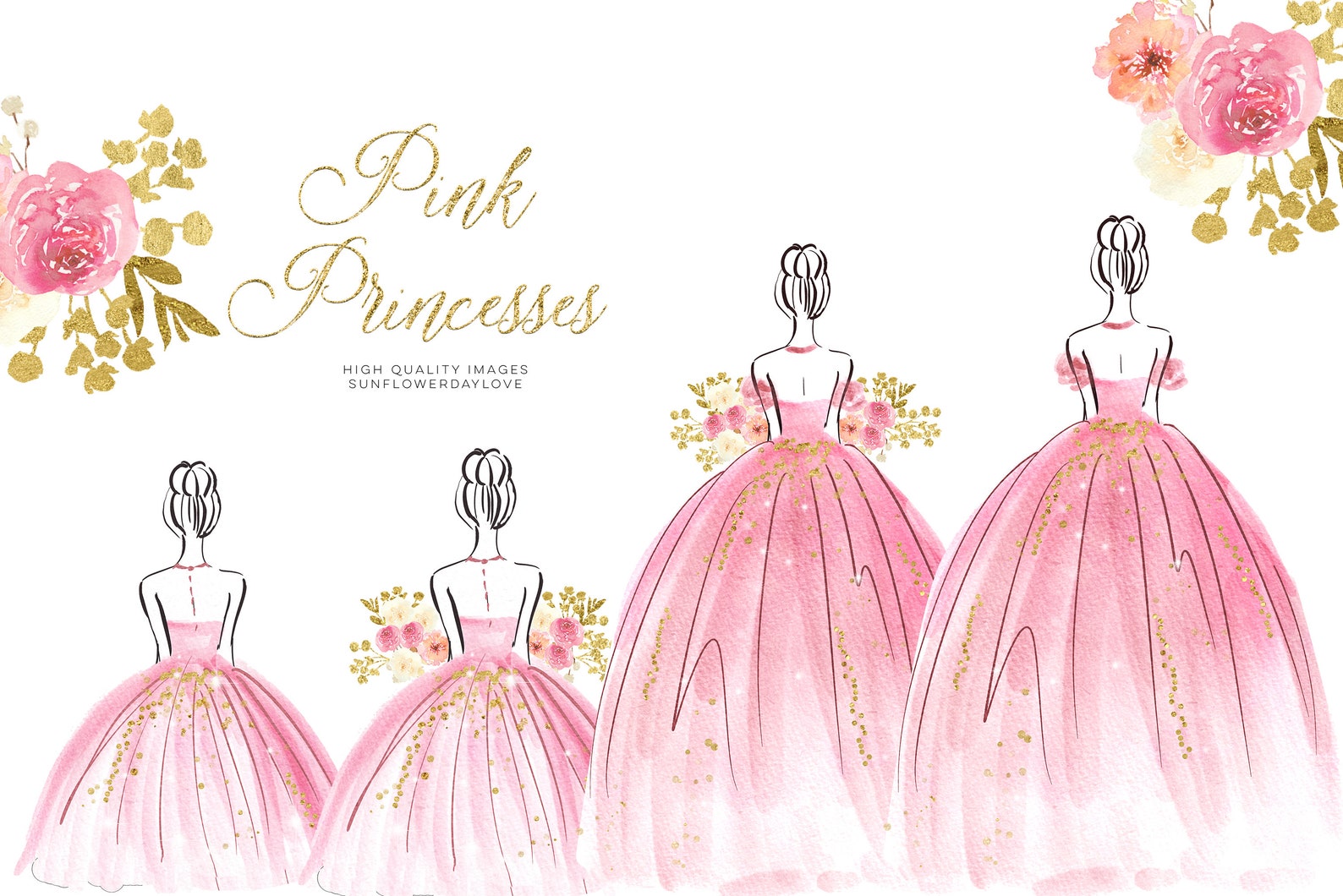 Pink Princess Clipart Pink & Gold Flowers Clip Art Fashion - Etsy