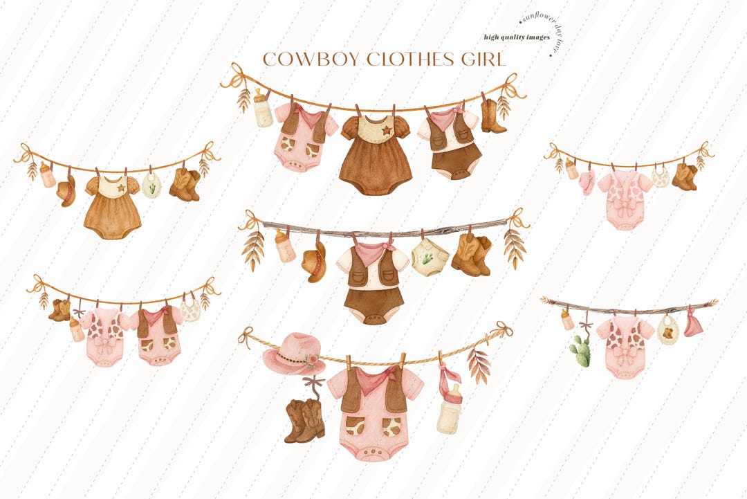 Cowboy Clothes Girl Clipart, Watercolor Cute Cowboy Baby Girl Clothes ...