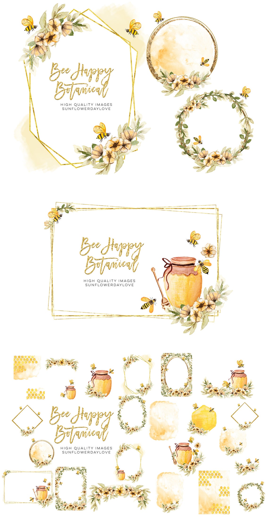Bee Watercolor Clipart Greenery Bee Frames Clip Art Honey - Etsy