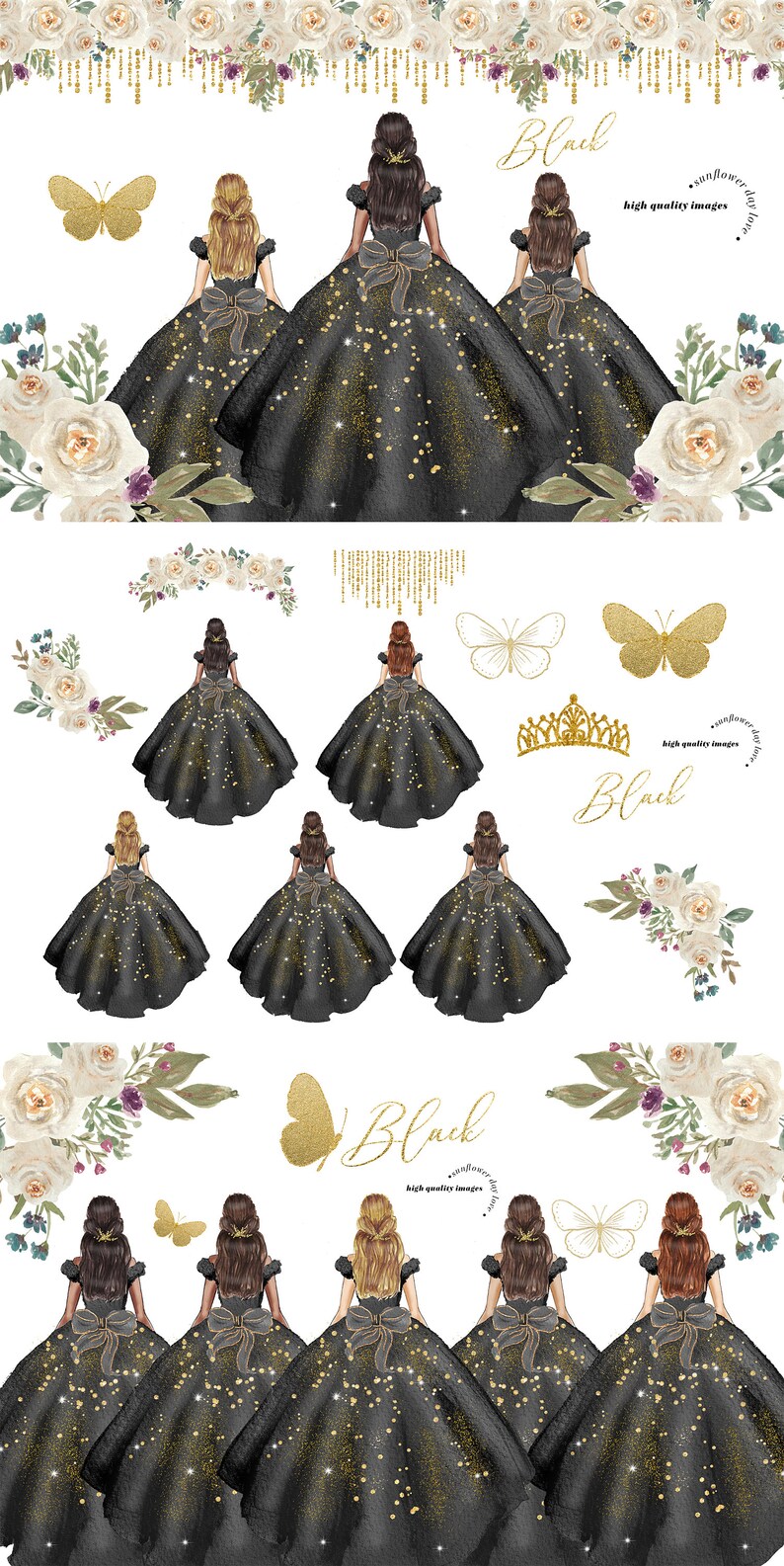 Elegant Black and Gold Glitter Princess Clipart Gold Flowers - Etsy