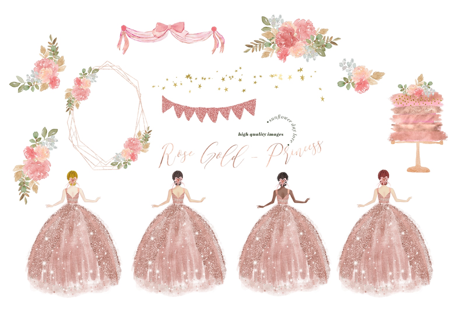 Modern Rose Gold Princess Dresses Pink Flowers Watercolor - Etsy