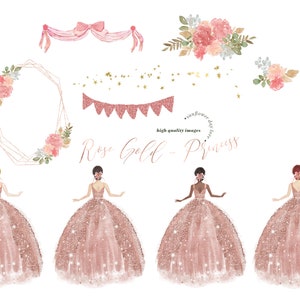 Modern Rose Gold Princess Dresses Pink Flowers Watercolor Clipart ...