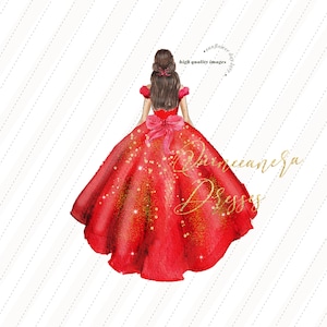 Red Princess Watercolor Dress Mexican Quinceañera Clipart, Elegant Red ...