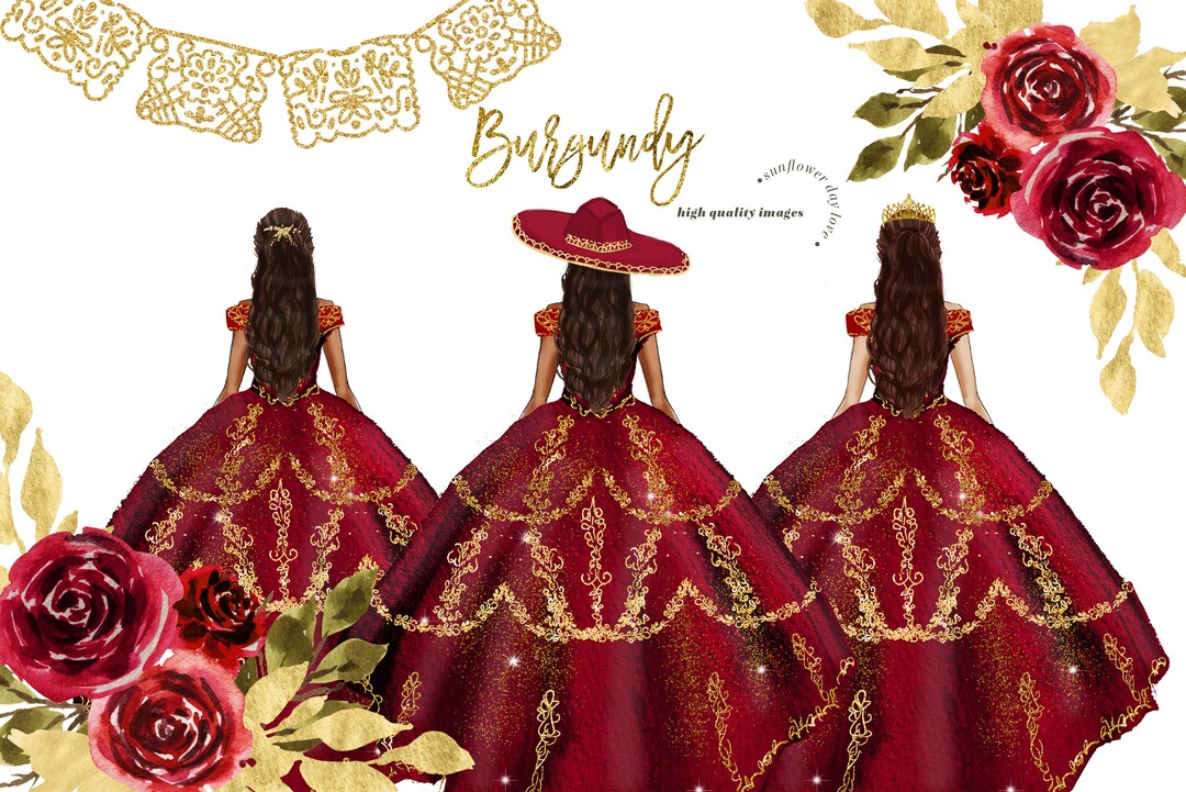 Burgundy & Gold Princess Dress Clipart, Burgundy Flowers Watercolor ...