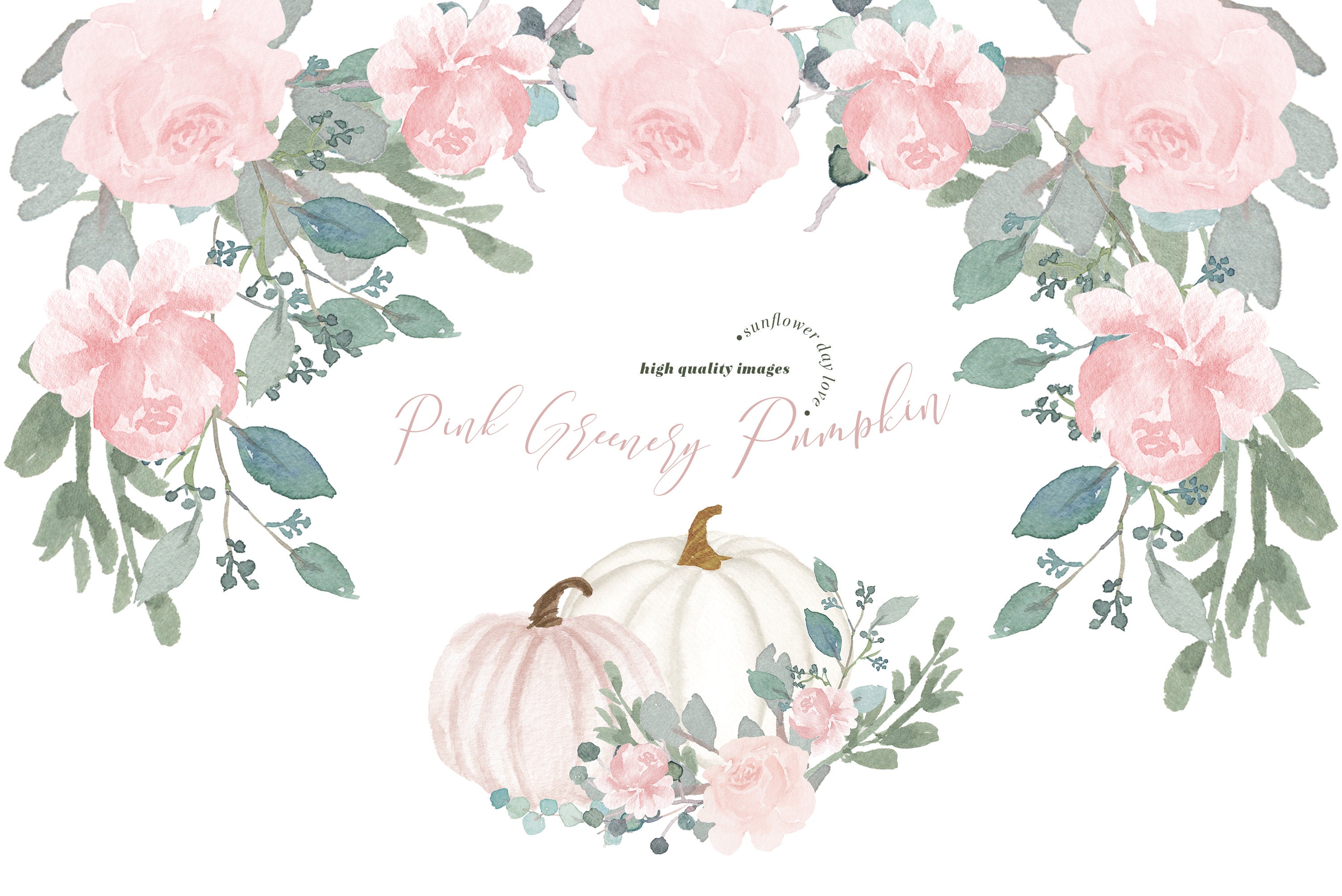 Elegant White Cream Pumpkin Pink Floral Greenery Watercolor - Etsy