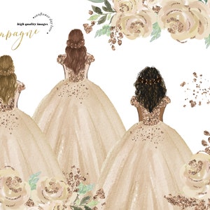 Elegant Champagne Princess Dresses Quinceanera Watercolor Clipart ...