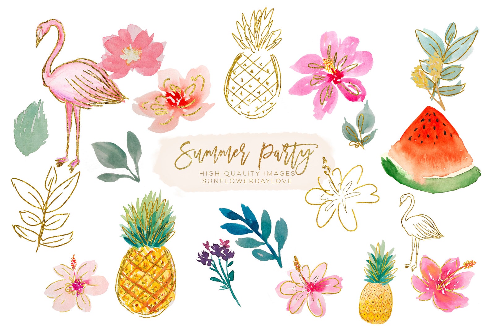 Tropical Clip Art Flamingos Watercolor Summer Clipart Set - Etsy