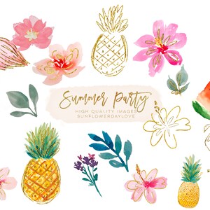 Tropical Clip Art, Flamingos Watercolor Summer Clipart Set, Pineapple ...