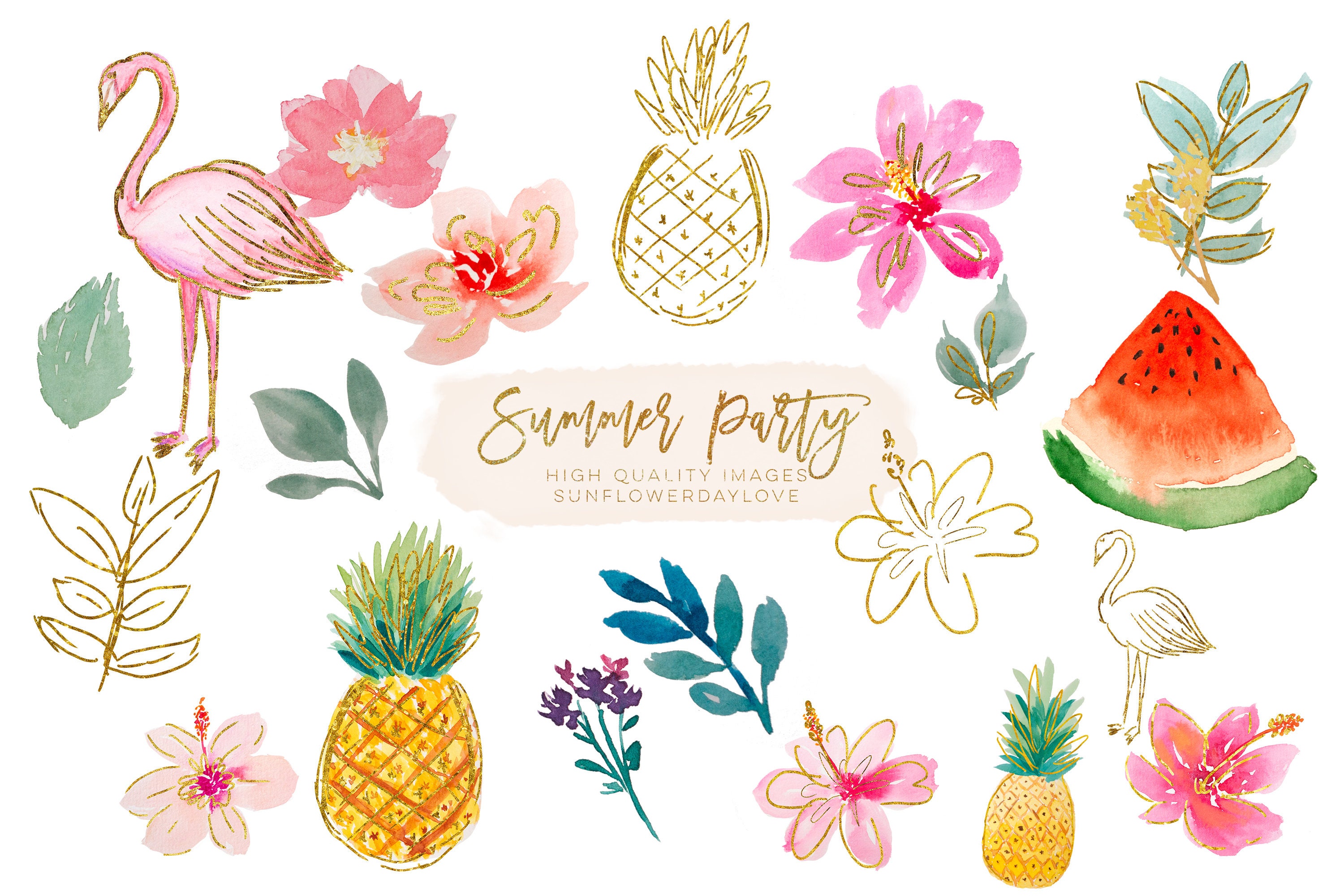 Tropical Clip Art Flamingos Watercolor Summer Clipart Set - Etsy