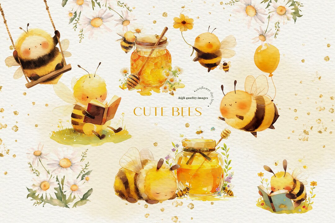 Elegant Cute Bees Watercolor Clipart, Beehive Yellow Honey Comb Gold ...