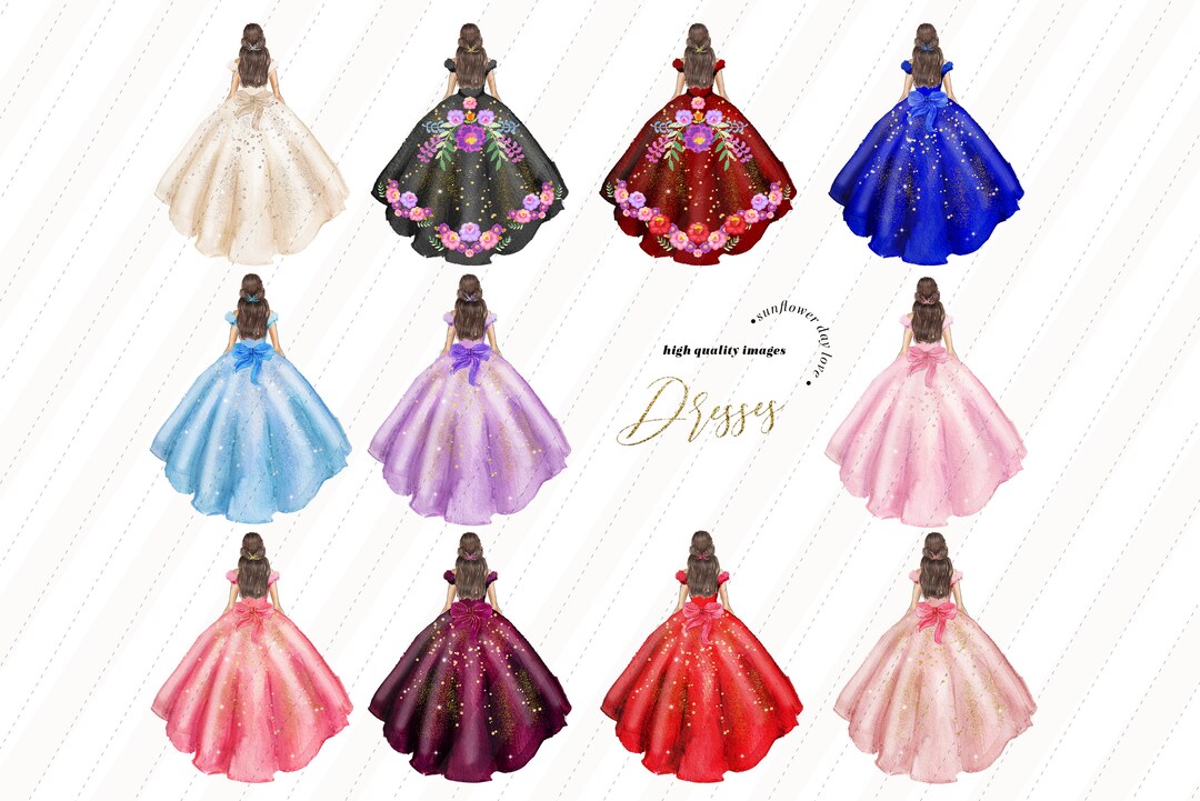 Colorful Princess Dresses Bundle Watercolor Clipart, Red Blue Purple ...