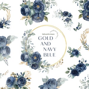 Elegant Navy & Gold Flower Watercolor Bouquets Clipart, Navy Blue ...