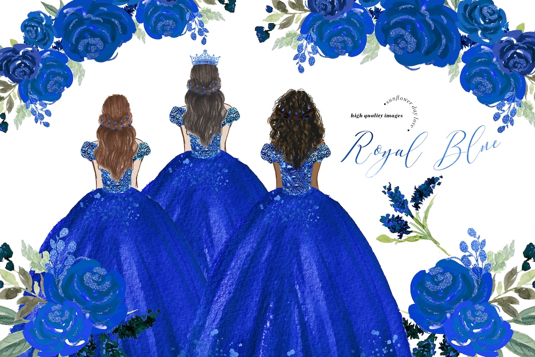 Royal Blue Princess Dresses Watercolor Clipart, Royal Blue Quinceañera ...