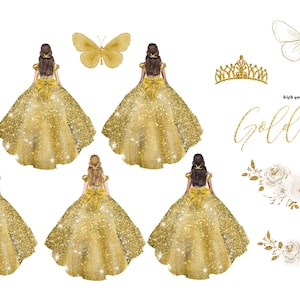 Elegant Gold Princess Dresses Quinceañera White Flowers Watercolor ...