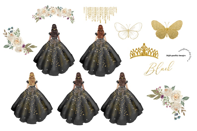 Elegant Black and Gold Glitter Princess Clipart Gold Flowers - Etsy
