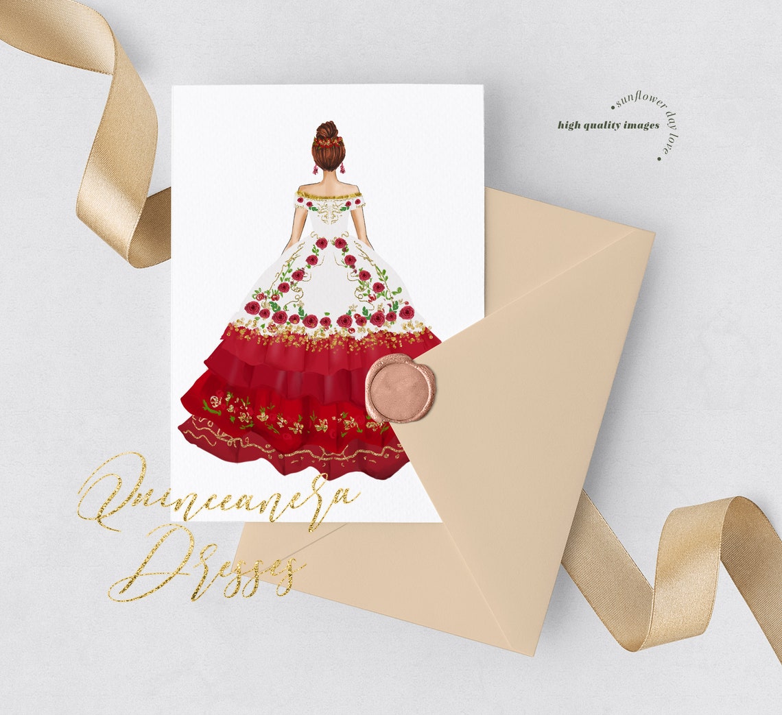 White & Red Miss Quince Clipart, Princess Dresses Clipart, Mexican ...