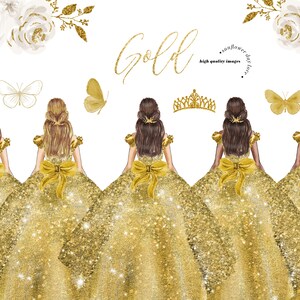 Elegant Gold Princess Dresses Quinceañera White Flowers Watercolor ...