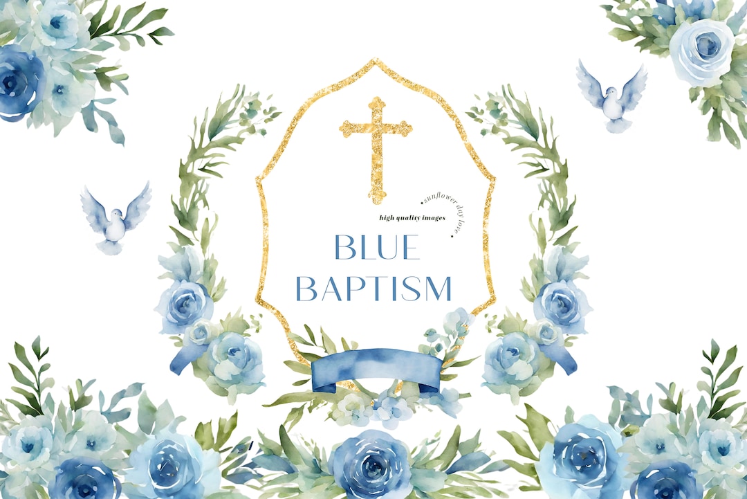 Boy Girl Blue Flowers Cross Baptism Watercolor Clipart, Little Cute Holy Spirit Floral Wreath ...