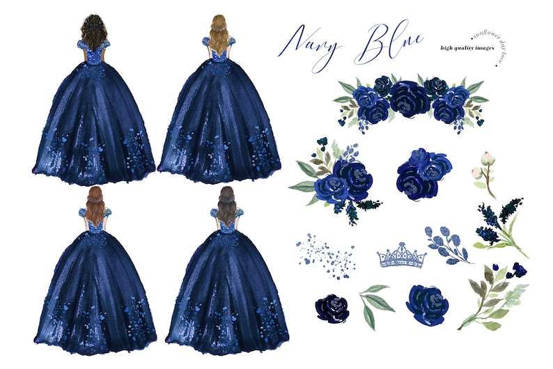 Navy Blue Princess Dresses Watercolor Clipart Navy Blue - Etsy