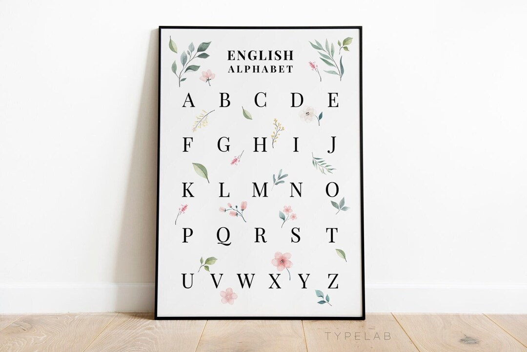 English Alphabet Botanical Print, Language Chart Wall Art, Pink Floral ...