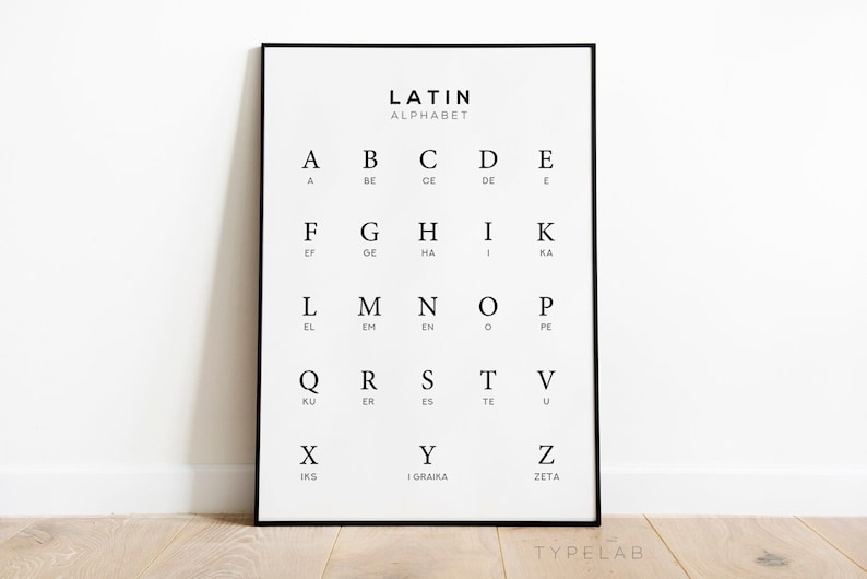 Classical Latin Alphabet Print, Language Learning Chart Poster, Black ...