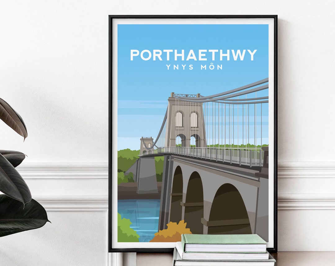 Menai Bridge Art Print, Welsh Language Porthaethwy Travel Poster ...