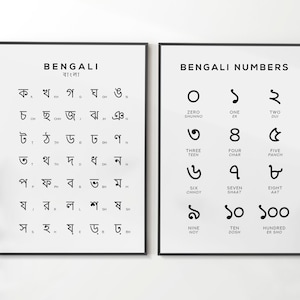 Bengali Alphabet and Number Print Set of 2, Bangla Chart Poster, Black ...