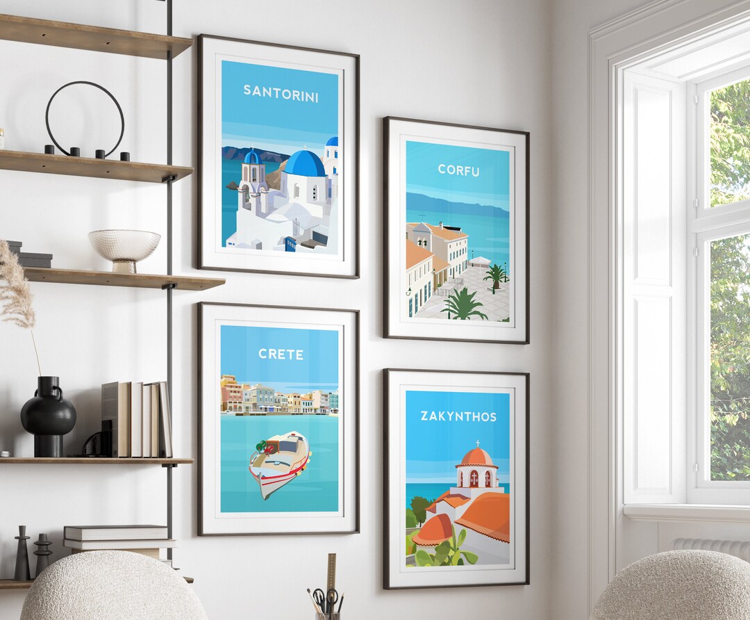 Greece Travel Poster Art Print Set, Set of 4 Greek Travel Prints ...