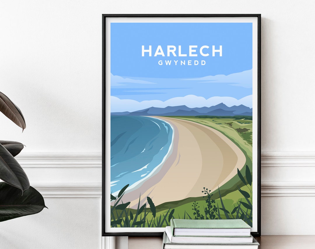 Harlech Print, North Wales Wall Art, Welsh Beach Travel Poster, Coastal ...