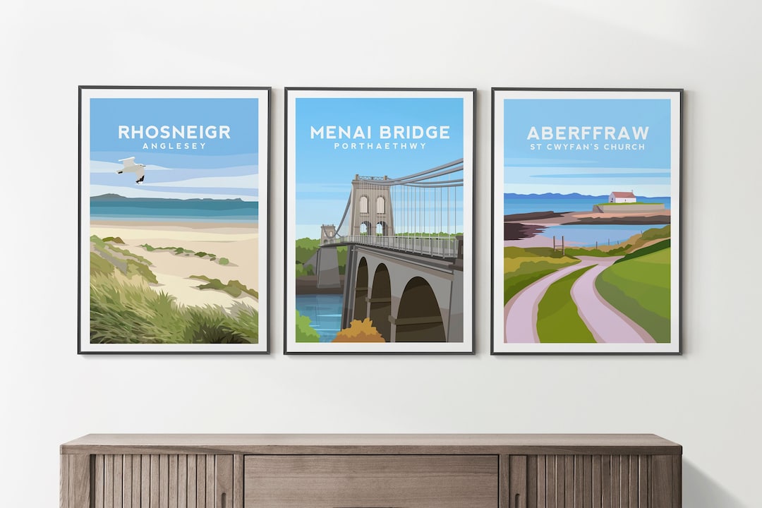 Anglesey Wales Travel Print Set of 3, Menai Bridge, Rhosneigr and ...