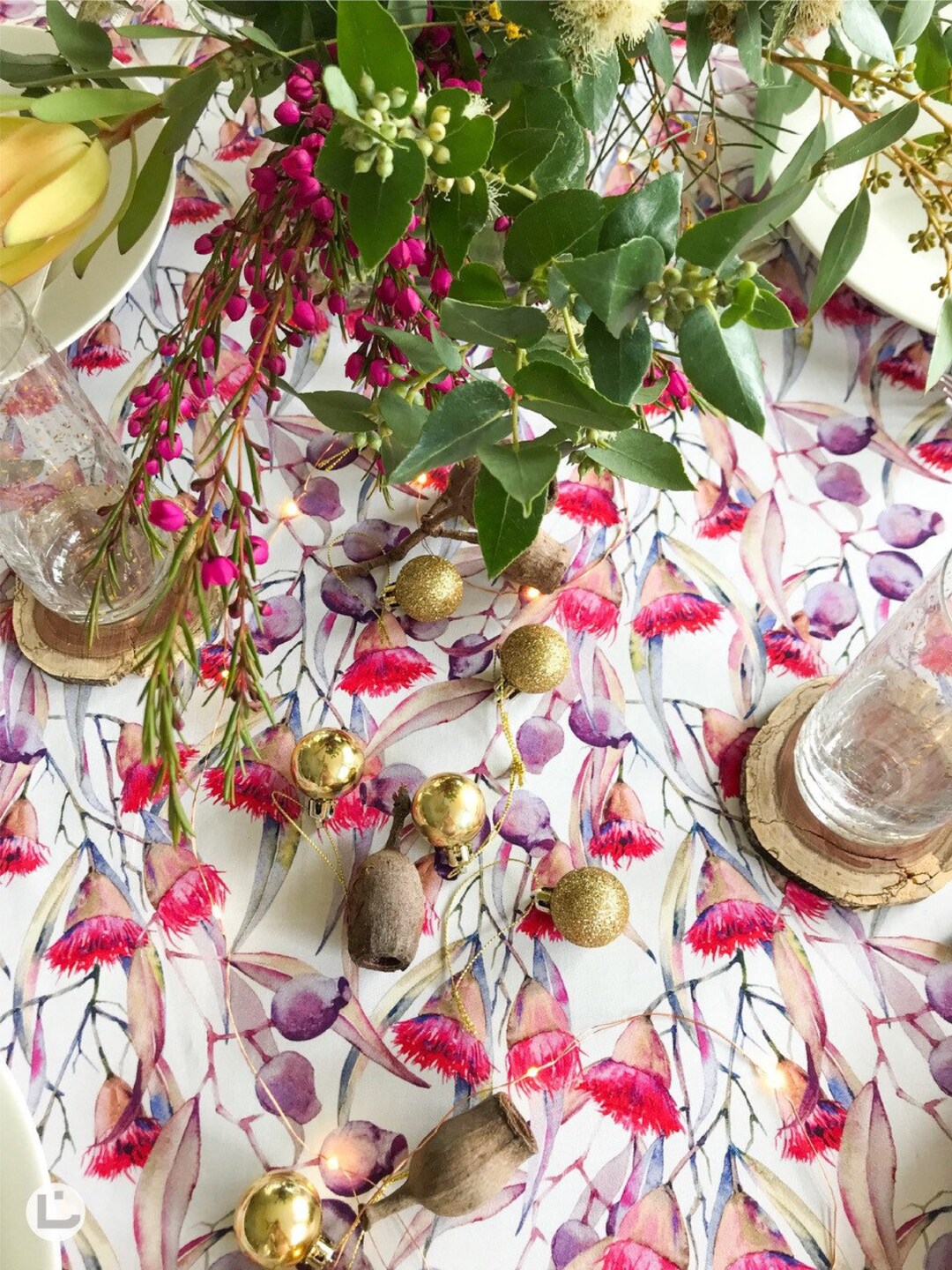 Hot Pink Flowering Gum Blossom and Gumnut Australian Floral Tablecloth ...