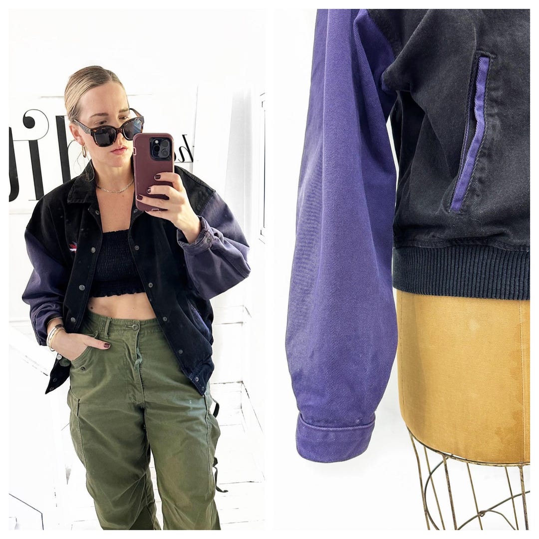 Purple and Black Denim Bomber Race Car Jacket. Made in Canada. Size L ...