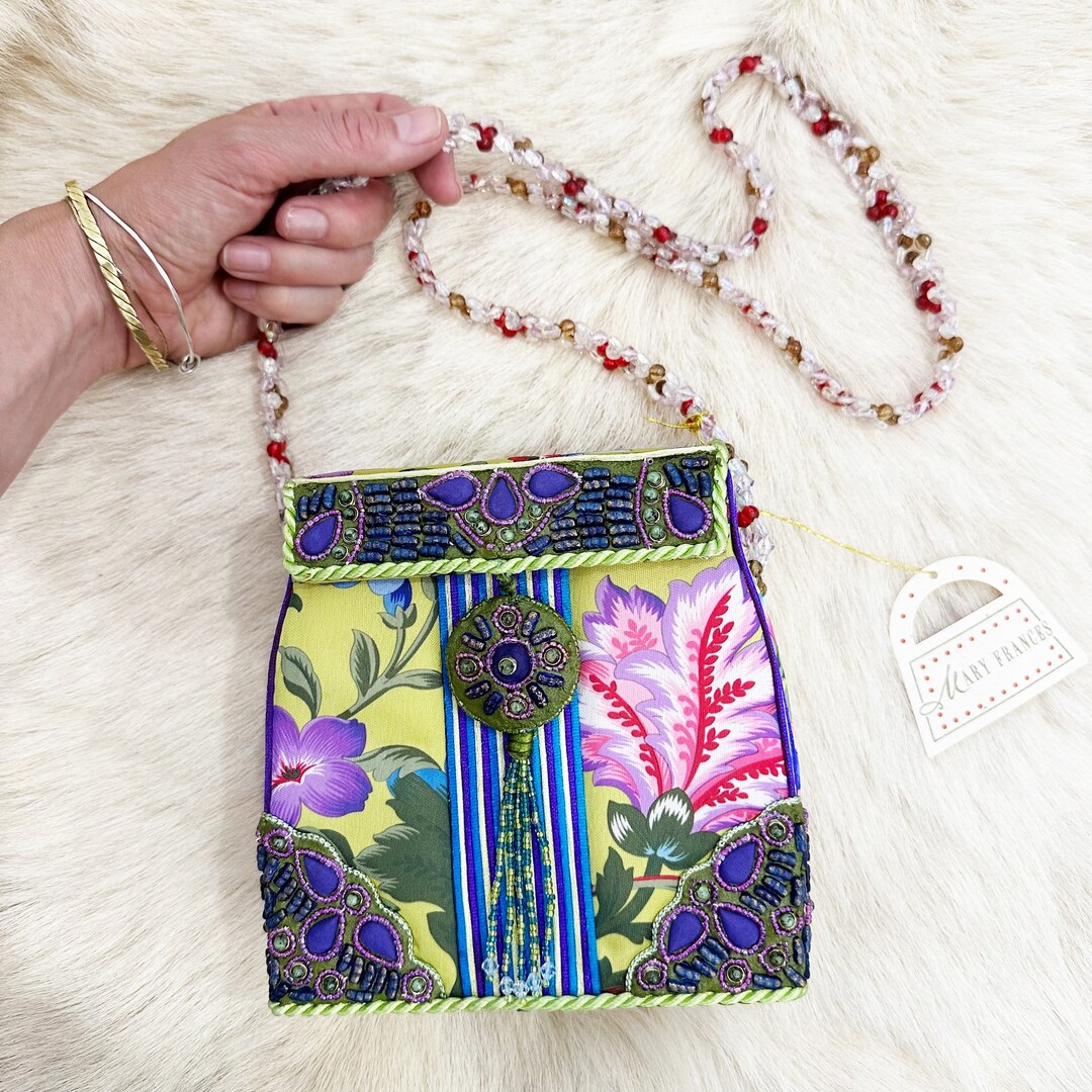 Charming Mary Francis Beaded Chartreuse and Purple Floral Shoulder Bag ...