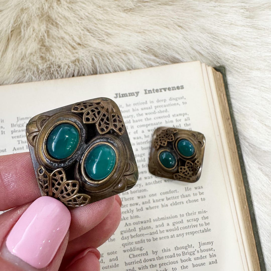 Vintage Brass Ornate Square Clip Ons With Green Cabochons. - Etsy
