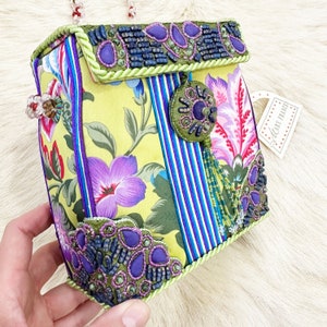 Charming Mary Francis Beaded Chartreuse and Purple Floral Shoulder Bag ...
