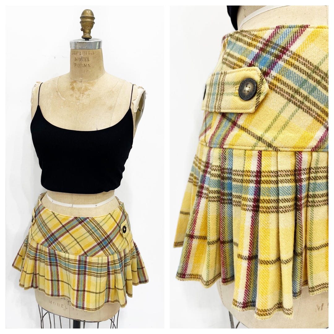 Y2K Yellow Plaid Low Rise Ultra Mini Pleated Skirt. Vintage American ...