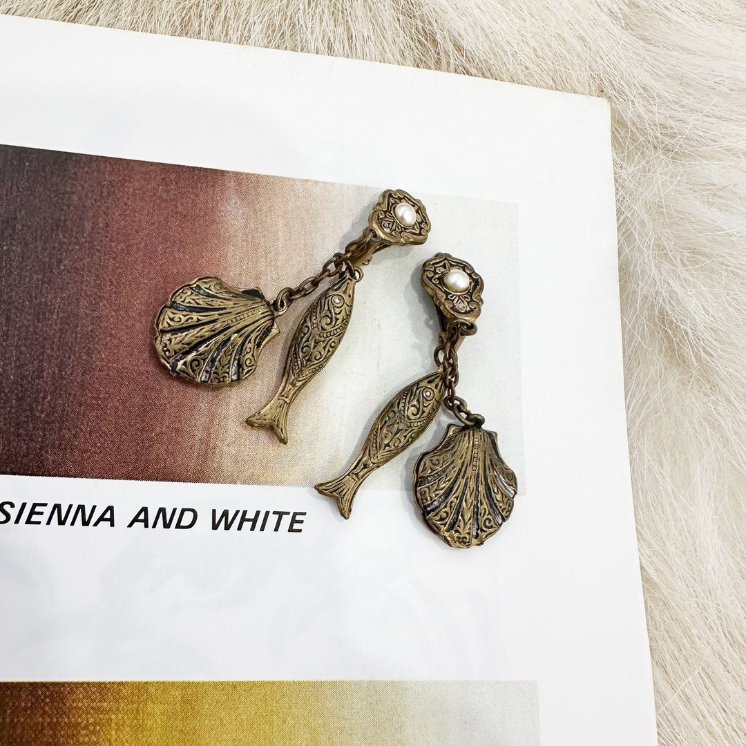 Antique Brass Spanish Damascene Fish and Shell Ear Clips. - Etsy