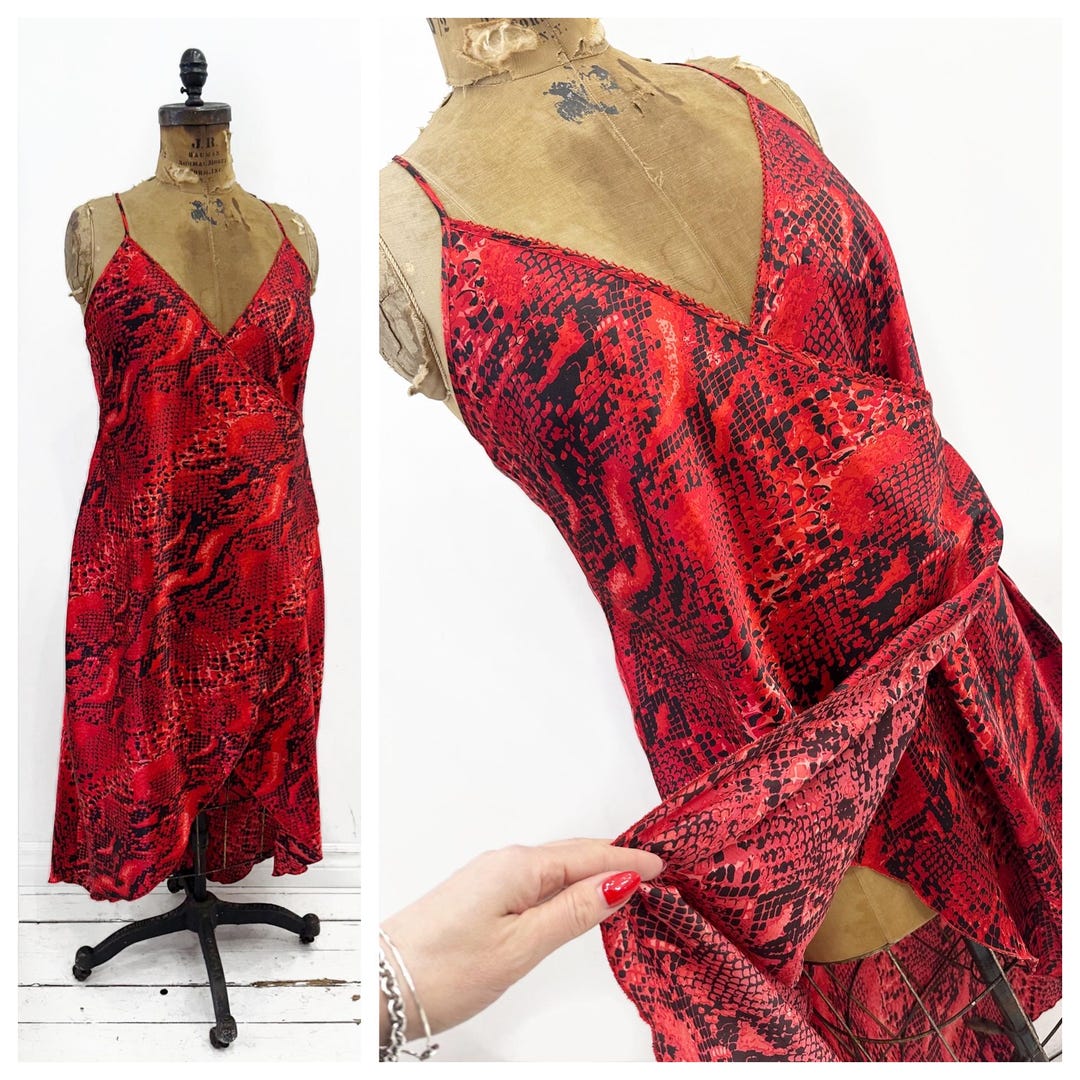 Plus Size Michel Antoni Red Snakeskin Negligee With Cross Front and Hem ...