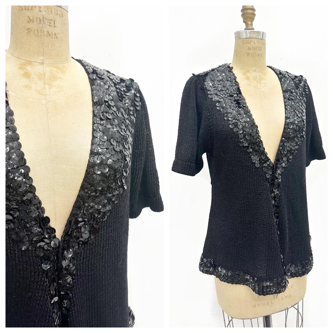 Black Knit Deep V Short Sleeve Cardigan With Sequin Trim. Size L. - Etsy