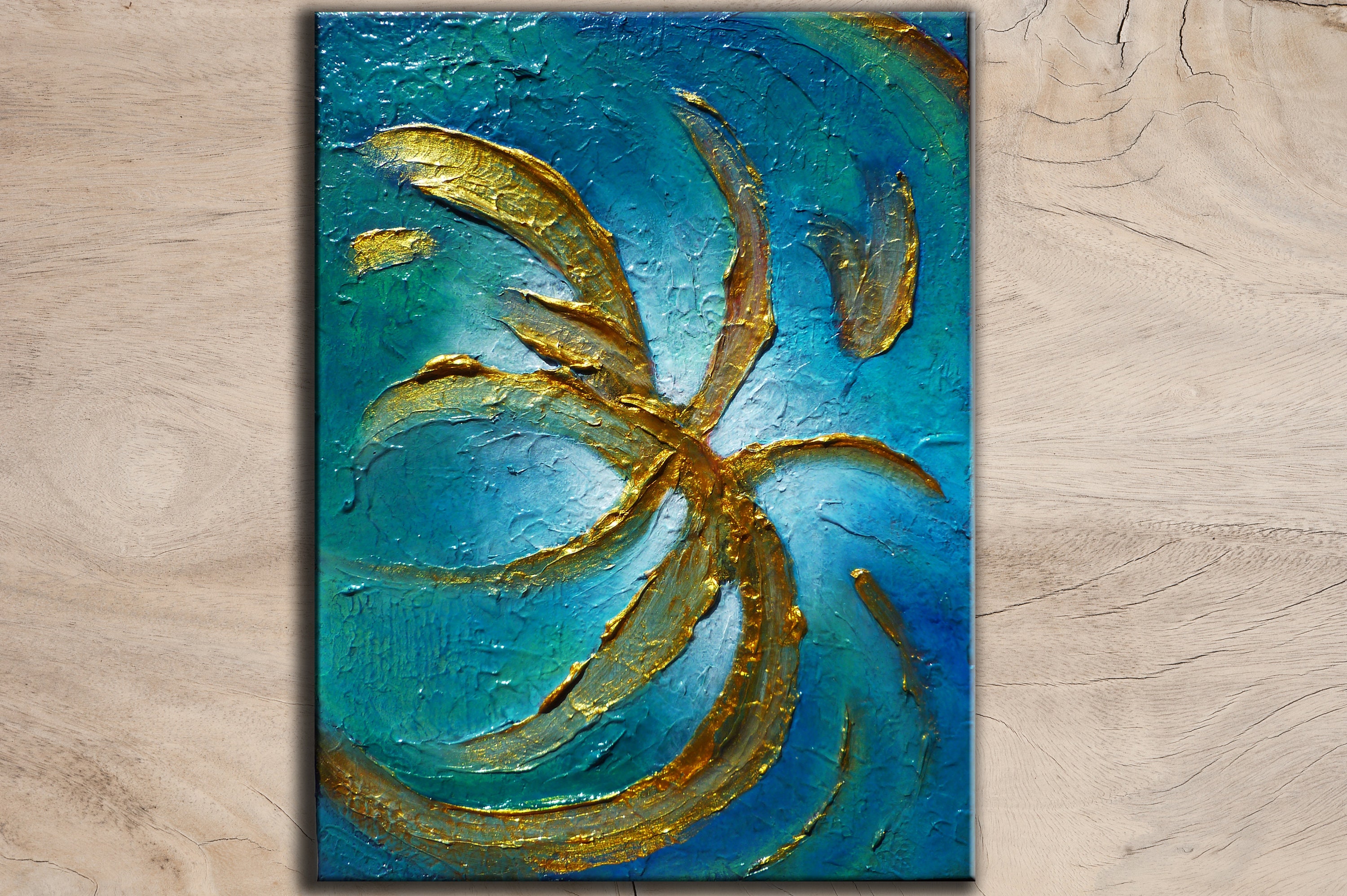 Original Art, Turquoise and Gold Metallic Abstract Painting on Canvas ...