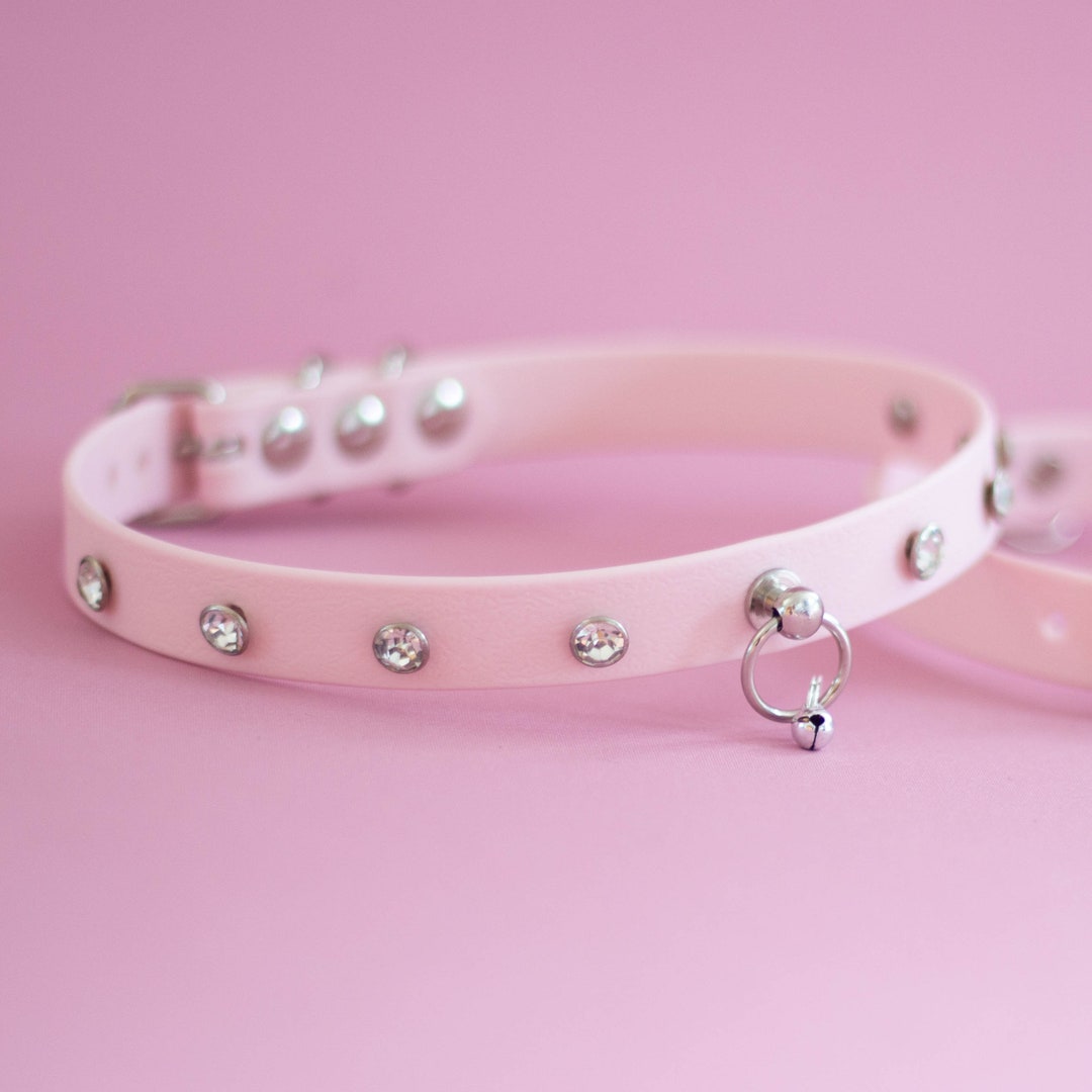 Cute Pink Bondage Collar Pastel Pink With Crystals Vegan Bdsm