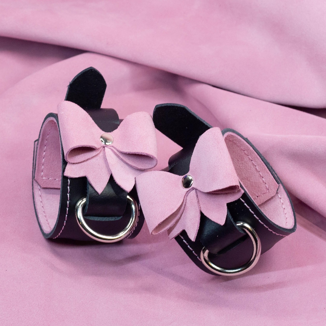 Bondage Cuffs - Black Leather Lined With Pretty Baby Pink Suede With ...