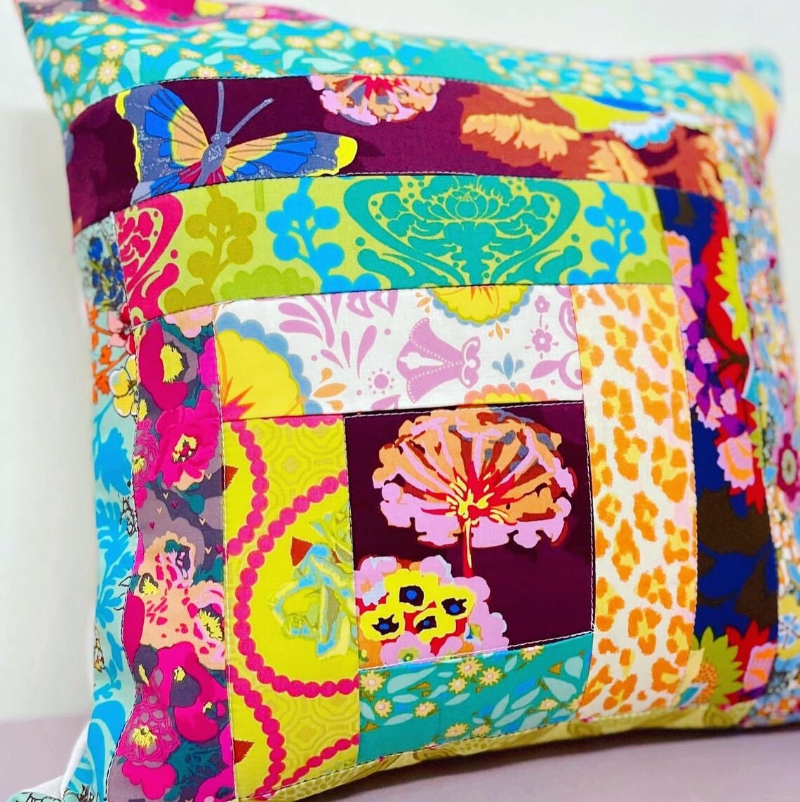 Log Cabin Patchwork Pillow Cover, Cottage Style Pillow Cover, Cushion Cover, Patchwork Cushion ...