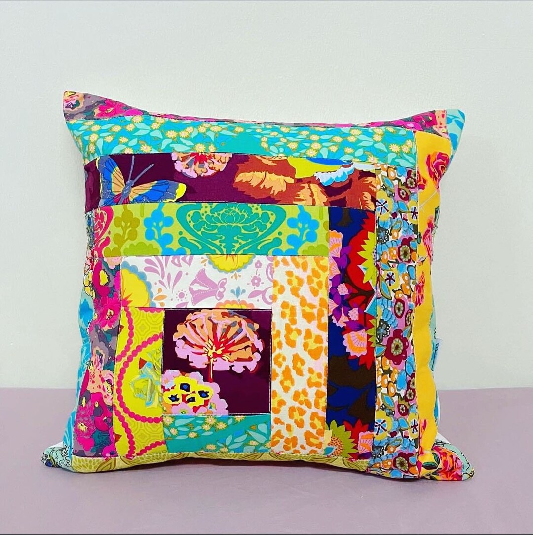 Log Cabin Patchwork Pillow Cover, Cottage Style Pillow Cover, Cushion Cover, Patchwork Cushion ...