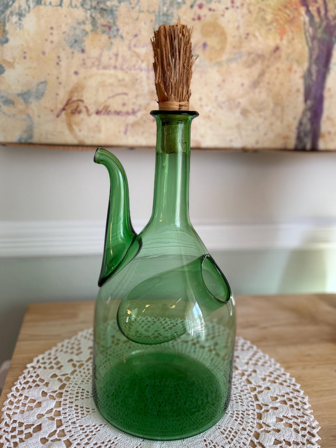Vintage Hand Blown Italian Green Glass Wine Decanter Carafe W/ Ice ...