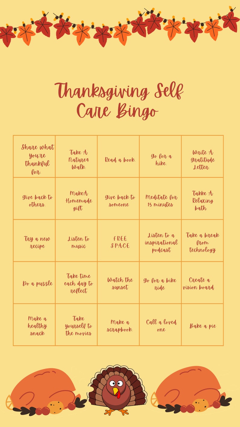 Self Care Thanksgiving Bingo Printable Holiday Game PDF Doc Self Care ...