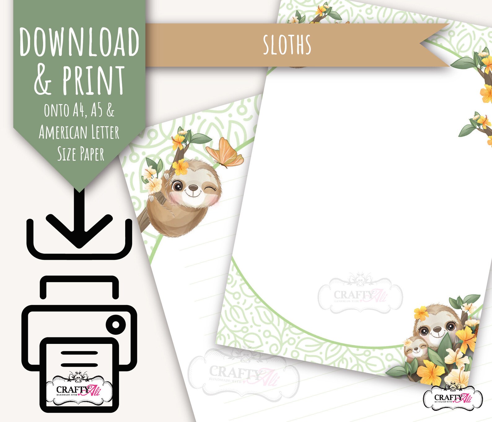 PRINTABLE Letter Writing Paper, Cute Sloths, Digital Letter Writing ...