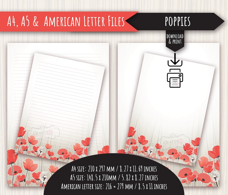 PRINTABLE Letter Writing Notepaper, Poppies, Digital Letter Writing ...